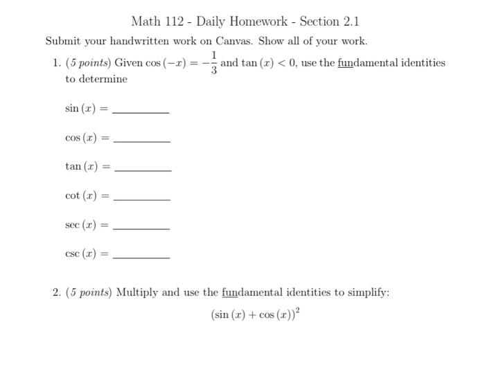 Solved Math 112 Daily Homework Section 2 1 Submit Your
