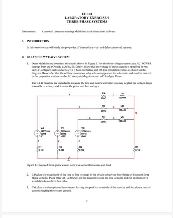 EE 104 LABORATORY EXERCISE 9 THREE-PHASE SYSTEMS | Chegg.com