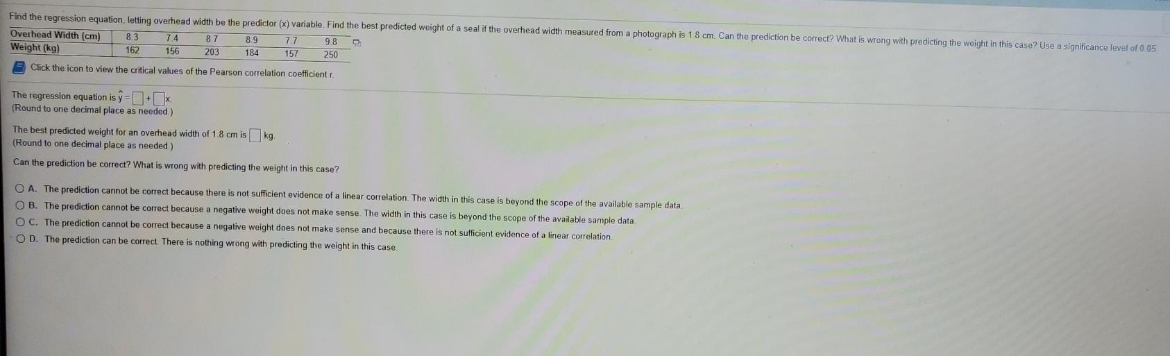 Solved Find the regression equation, letting overhead width | Chegg.com