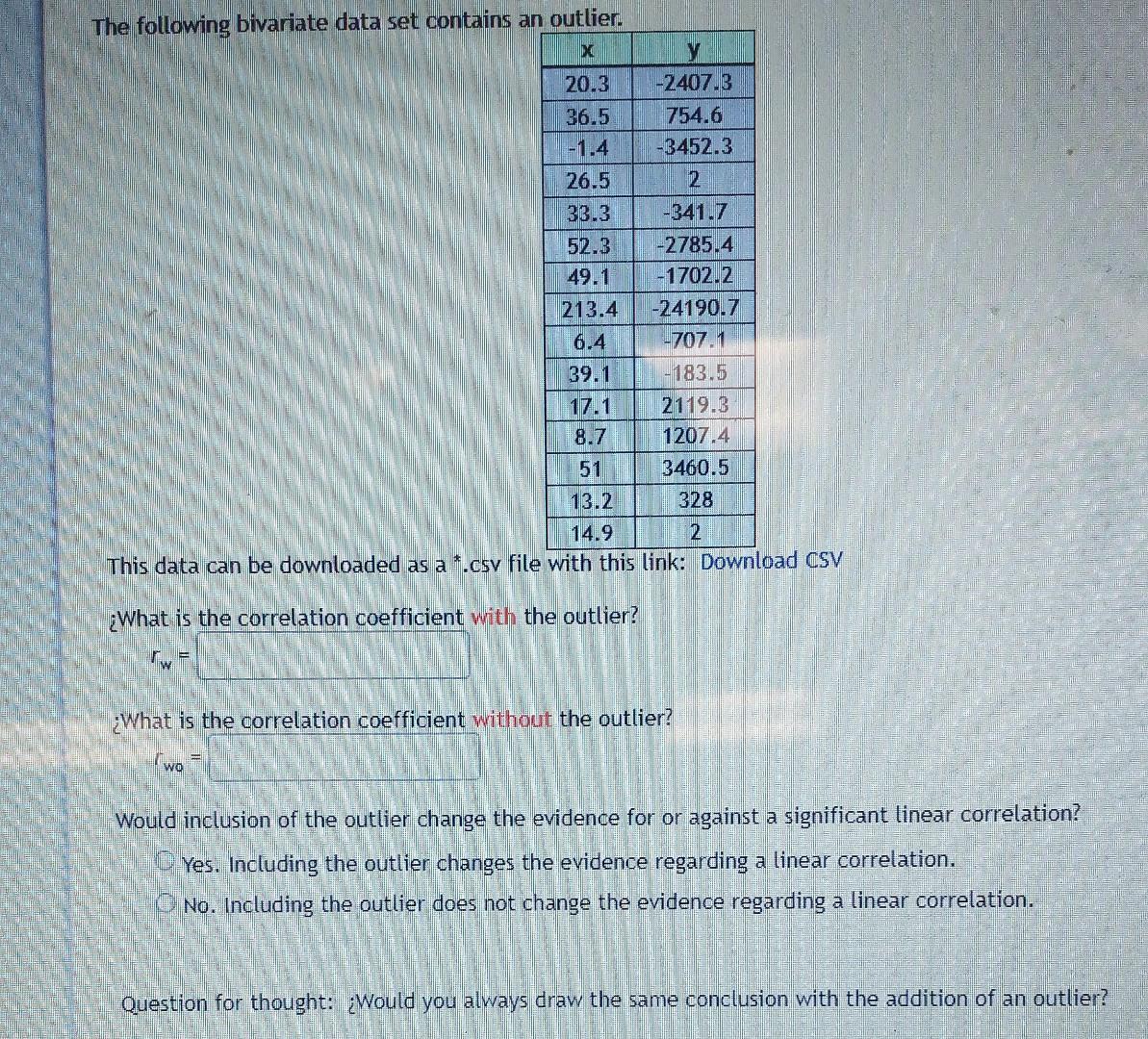 Solved The Following Bivariate Data Set Contains An Outlier
