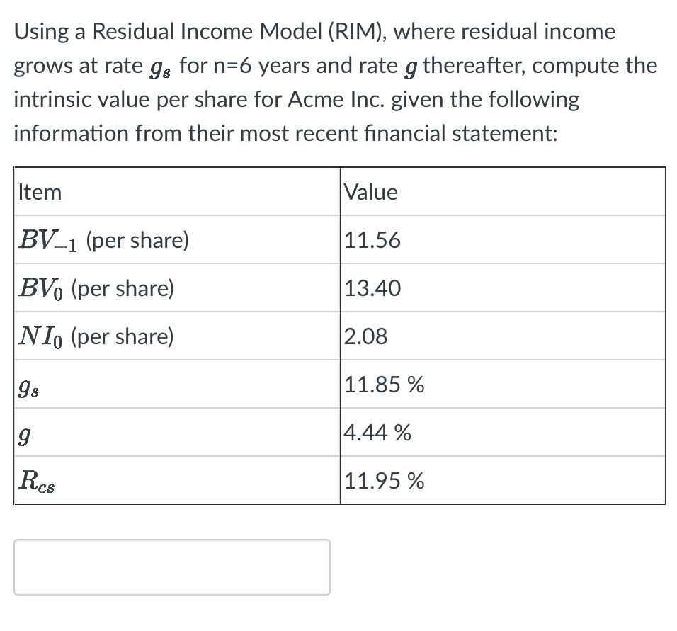 Solved Using a Residual Income Model (RIM), ﻿where residual | Chegg.com