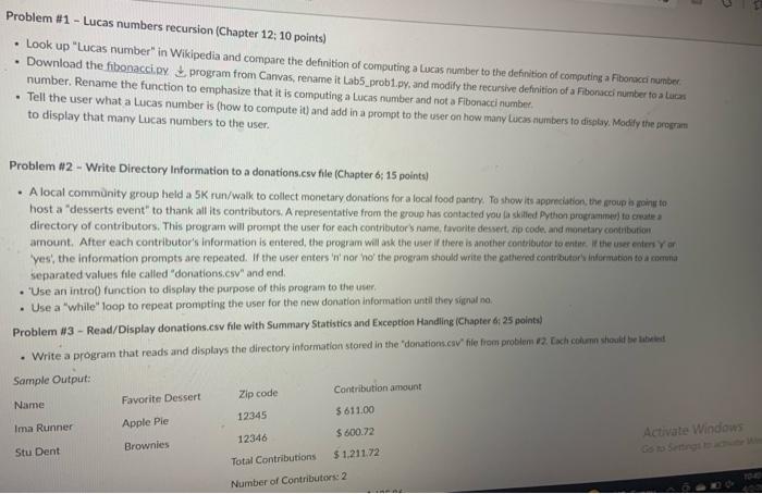 Solved Problem #1 - Lucas numbers recursion (Chapter 12: 10 | Chegg.com