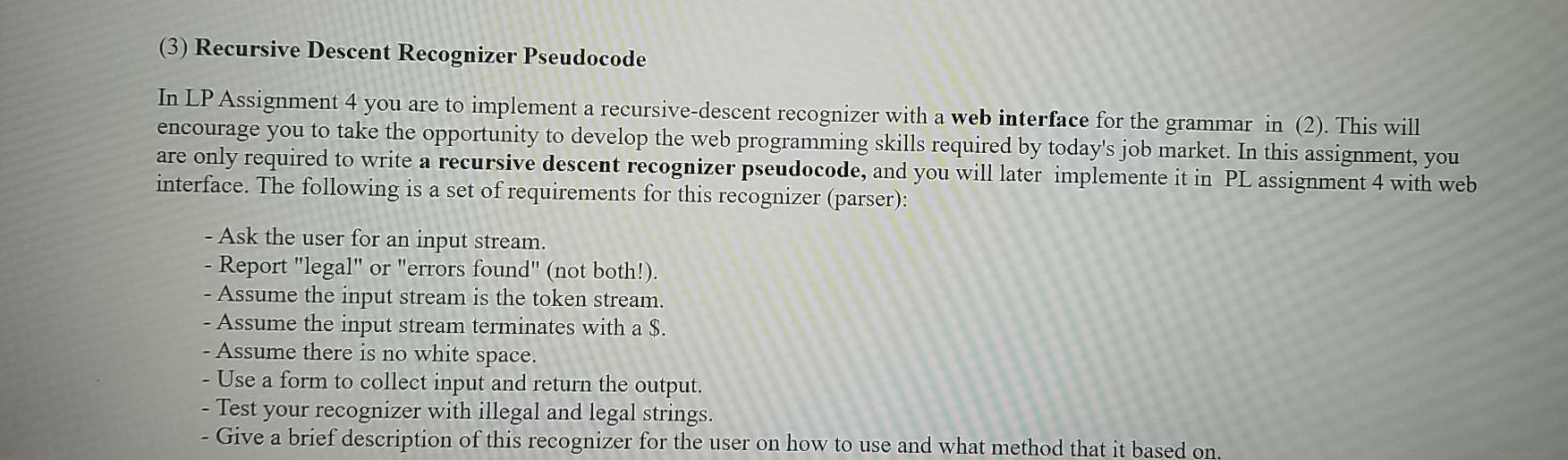 (3) Recursive Descent Recognizer Pseudocode In LP | Chegg.com