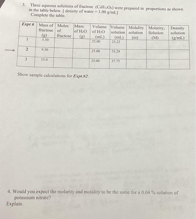 Solved 3. Three aqueous solutions of fructose (C6H12O6) were | Chegg.com
