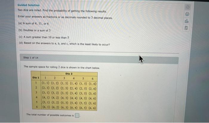 Solved Guided Solution Two dice are rolled. Find the | Chegg.com