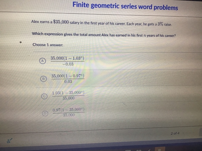 Solved Finite geometric series word problems Alex earns a | Chegg.com