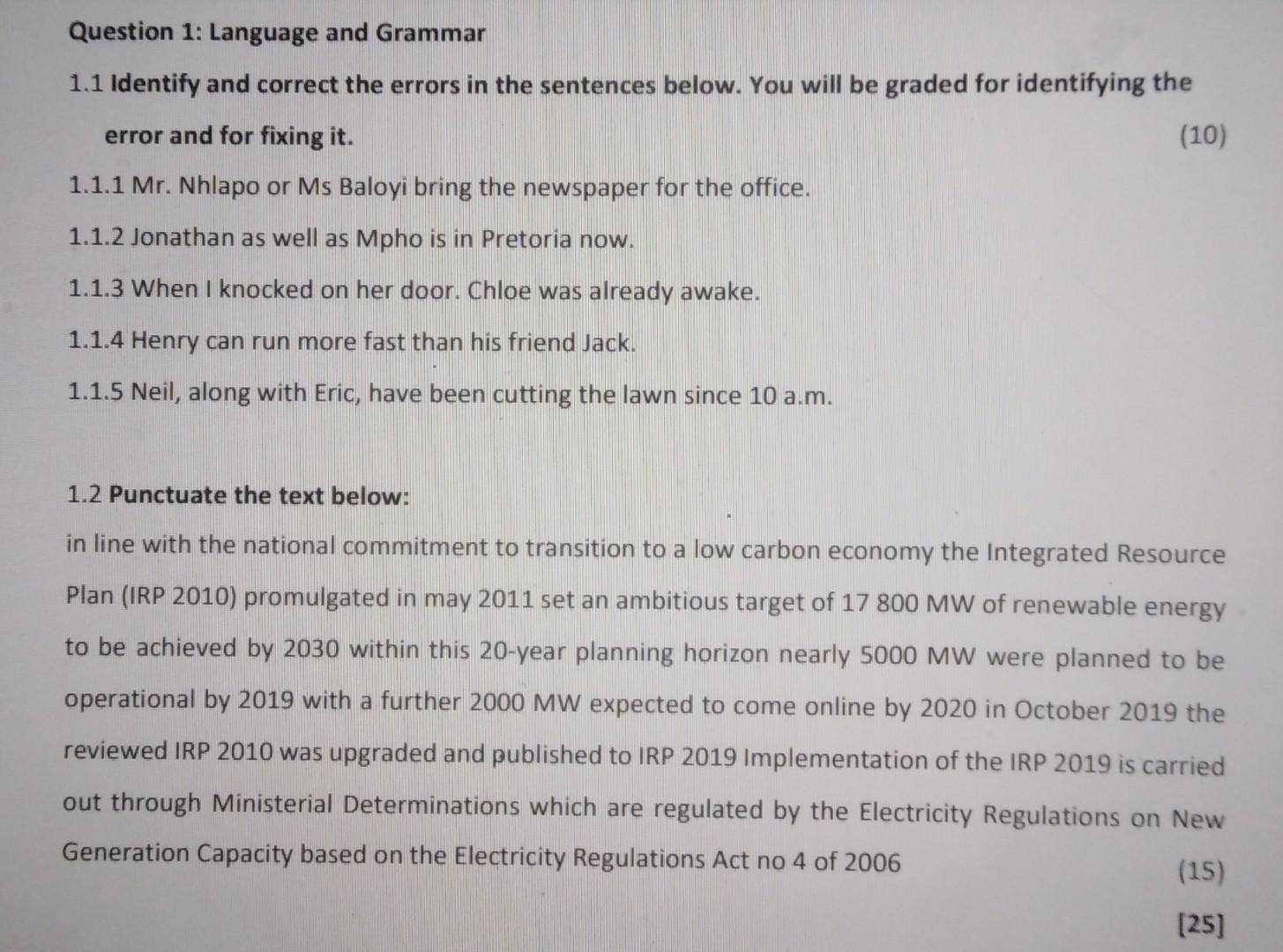 Solved Question 1: Language and Grammar 1.1 Identify and | Chegg.com