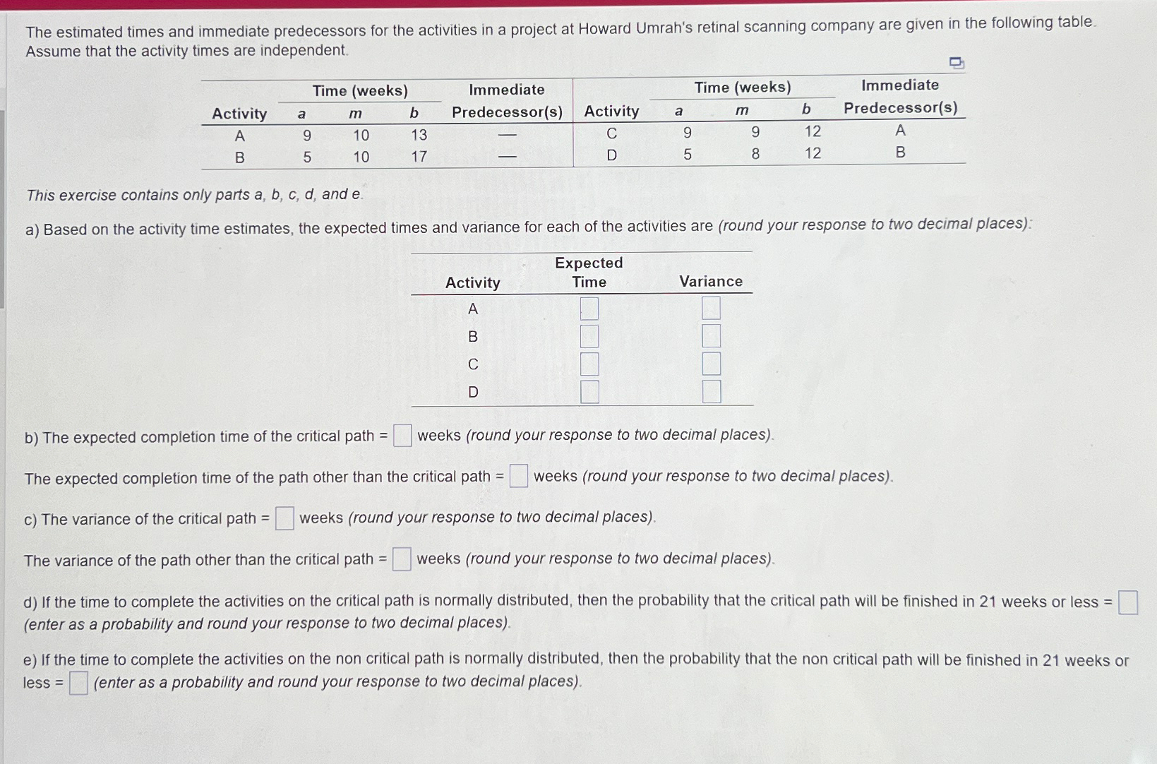 Solved The estimated times and immediate predecessors for | Chegg.com