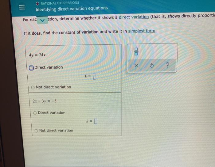Solved O RATIONAL EXPRESSIONS = Identifying direct variation | Chegg.com