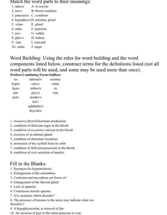Solved Match the word parts to therr meanings: 1, aden/o A. | Chegg.com