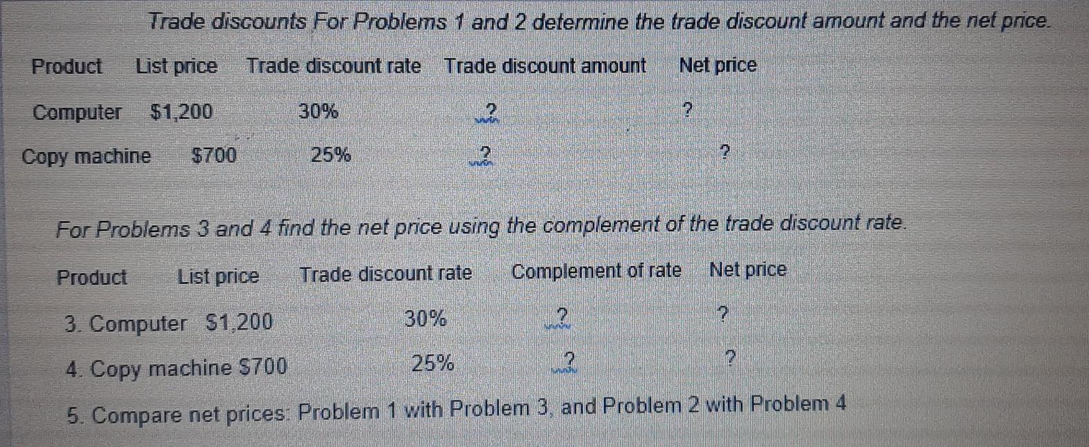 Solved Trade discounts For Problems 1 and 2 determine the | Chegg.com
