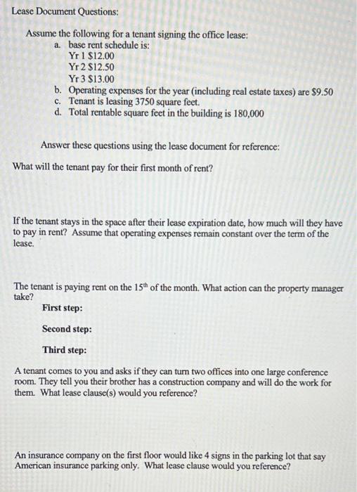 Solved Lease Document Questions: Assume the following for a | Chegg.com
