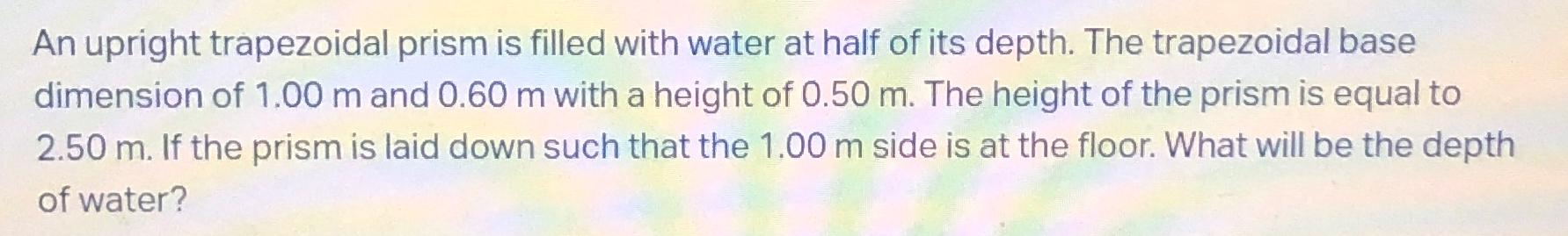 Solved An upright trapezoidal prism is filled with water at | Chegg.com