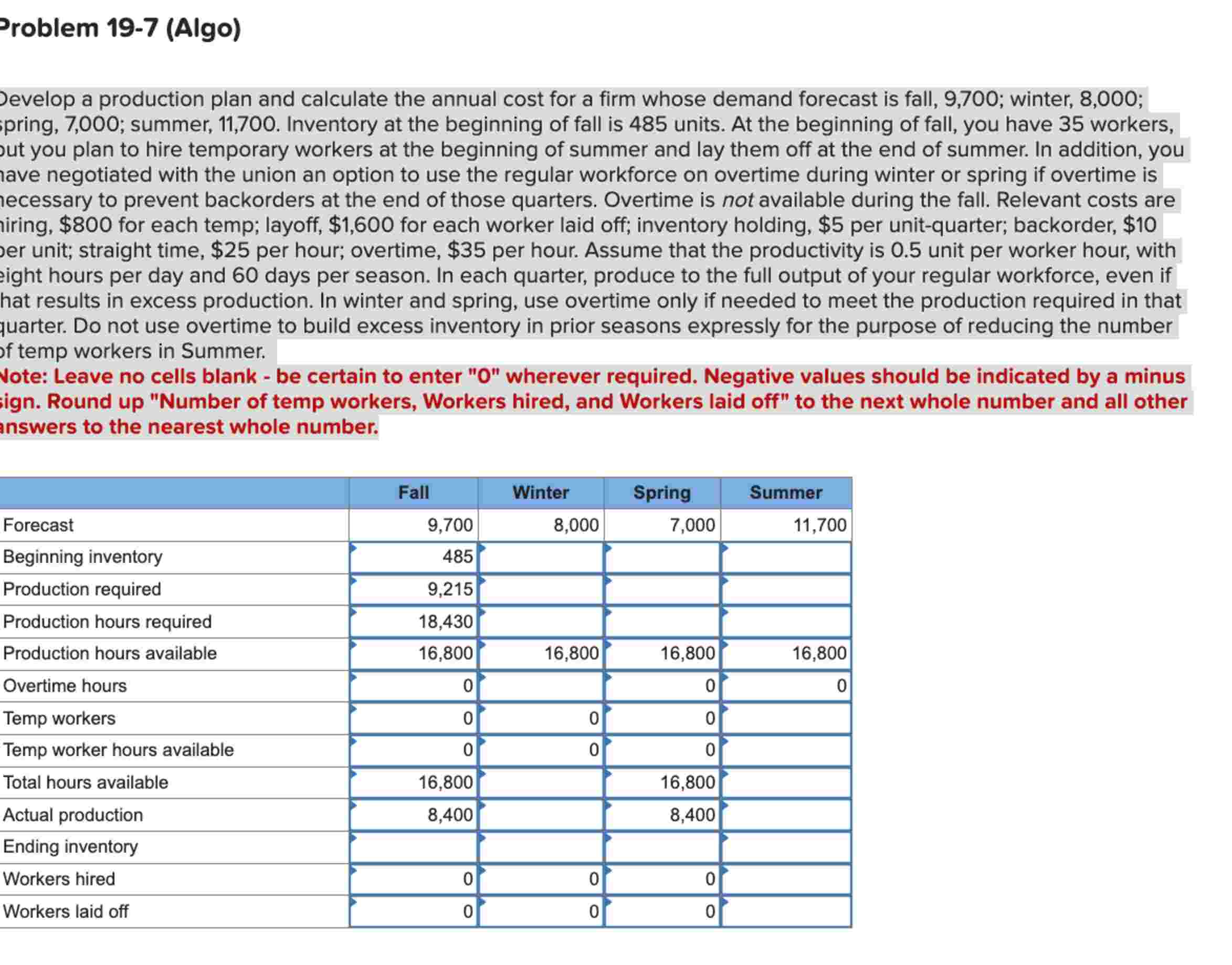 Solved Develop a production plan and calculate the annual | Chegg.com
