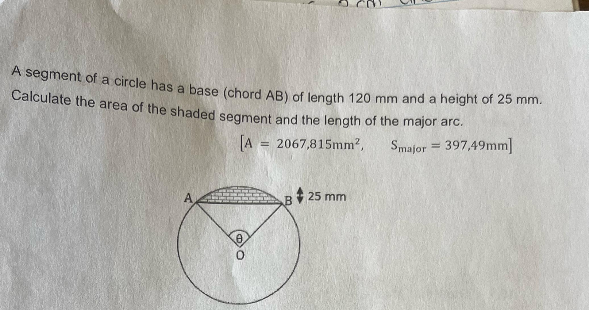 Solved A segment of a circle has a base (chord AB) ﻿of | Chegg.com