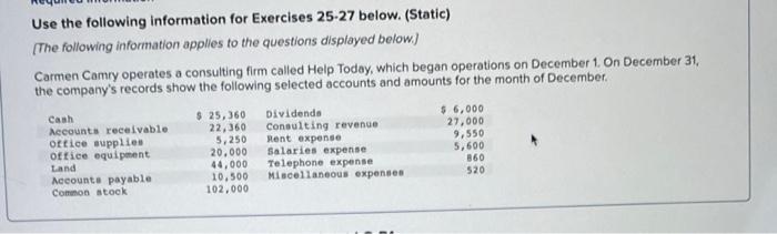 Solved Use the following information for Exercises 25-27 | Chegg.com