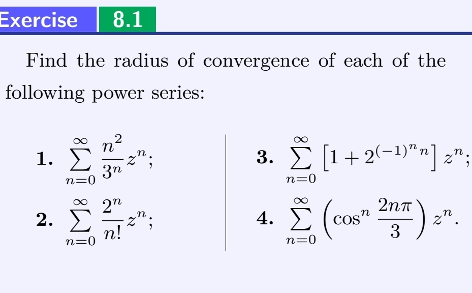 Solved \table[[Exercise,8.1]]Find the radius of convergence | Chegg.com