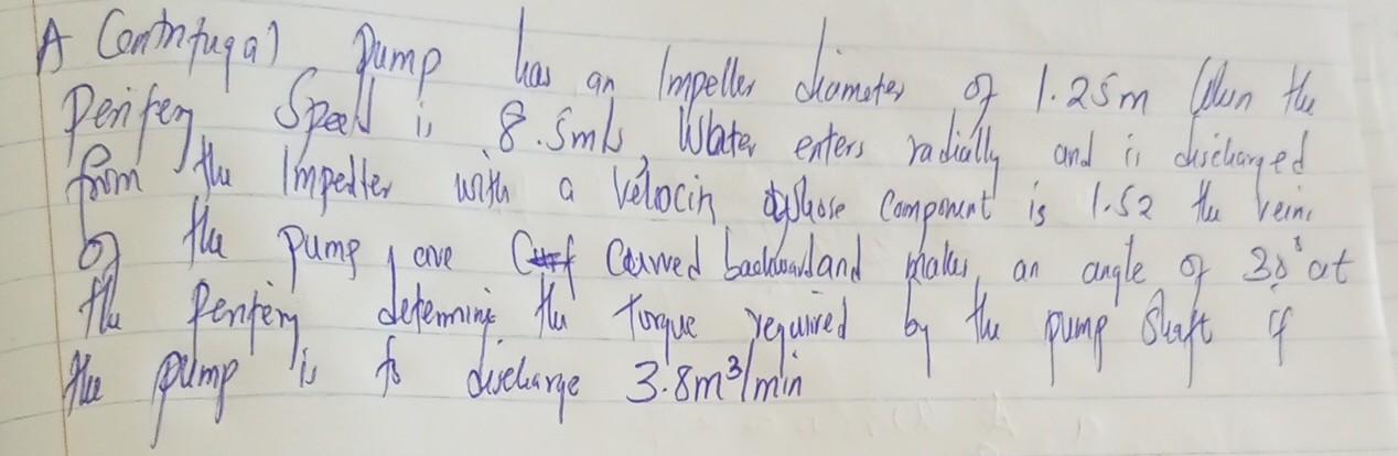 Solved A continugal Spal Pump Denken has an La Impeller | Chegg.com