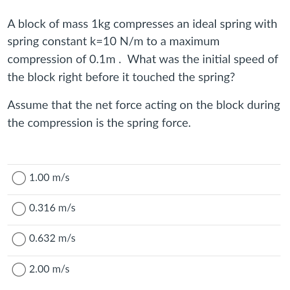 Solved A block of mass 1 kg compresses an ideal spring with | Chegg.com