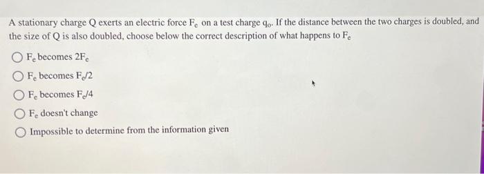 Solved A stationary charge Q exerts an electric force Fe on | Chegg.com