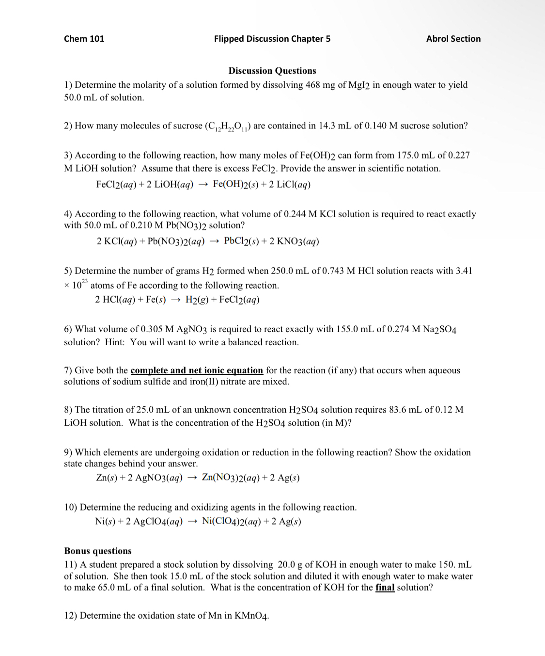 Solved Chem 101Flipped Discussion Chapter 5Abrol | Chegg.com