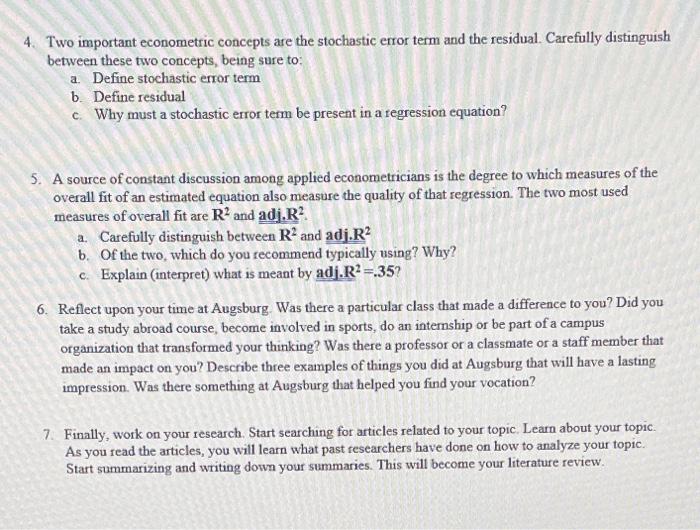 Solved Two important econometric concepts are the stochastic | Chegg.com