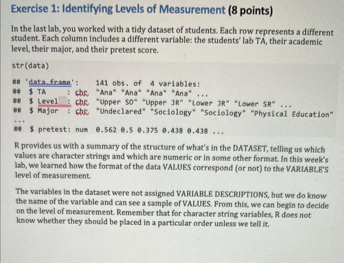 Solved Exercise 1: Identifying Levels of Measurement (8 | Chegg.com