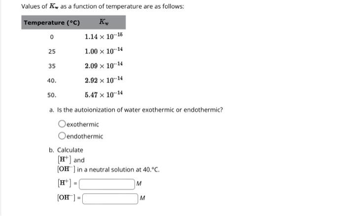 Solved Values of Kw as a function of temperature are as | Chegg.com