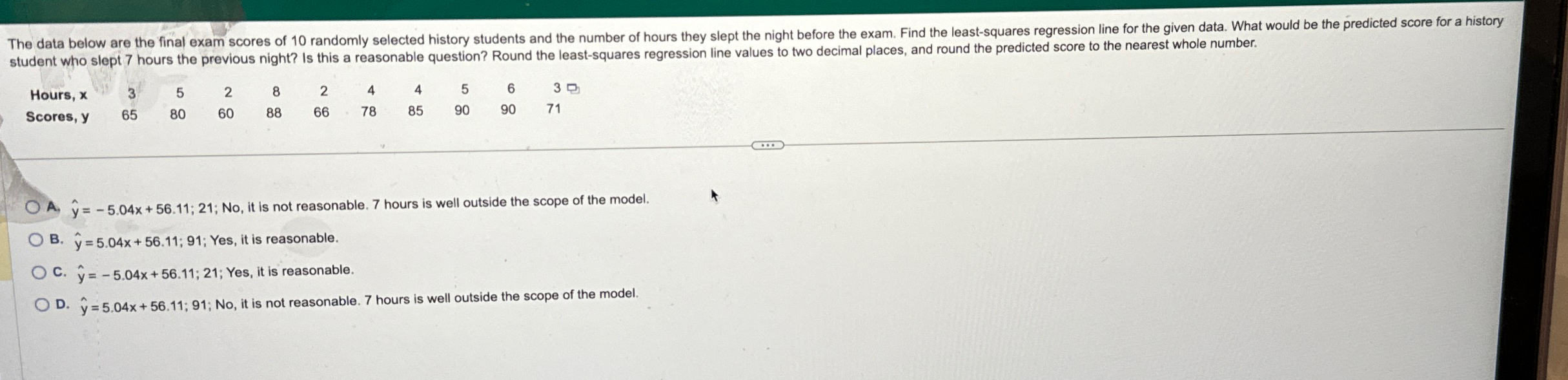 Solved \\\\table[[Hours, x,3,5,2,8,2,4,4,5,6,3 口],[Scores, | Chegg.com