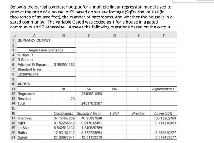 Solved Below is the partial computer output for a multiple | Chegg.com