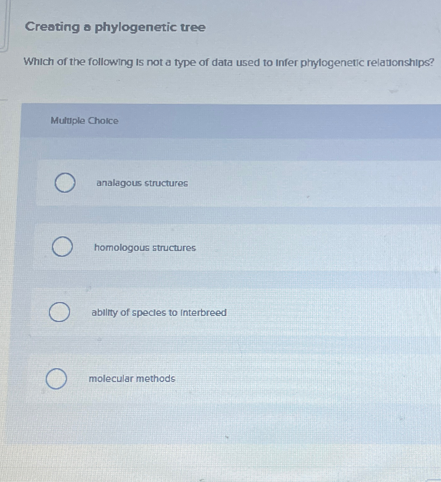 Solved Creating o phylogenetic treeWhich of the following is | Chegg.com