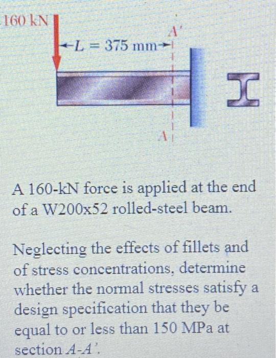 Solved 160 kn +L = 375 mm I A 160-kN force is applied at the | Chegg.com
