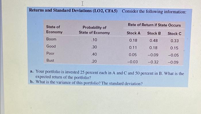 Solved Returns and Standard Deviations (LO2, CFA5) Consider | Chegg.com Solved Returns and Standard Deviations (LO2, CFA5) Consider | Chegg.com