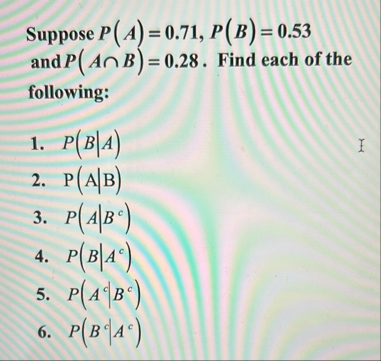 Solved Suppose P(A)=0.71,P(B)=0.53 ﻿and P(A∩B)=0.28. ﻿Find | Chegg.com