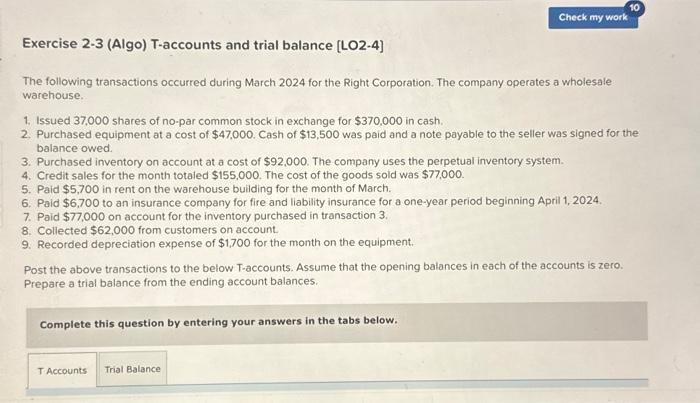 Solved Exercise 2-3 (Algo) T-accounts and trial balance | Chegg.com