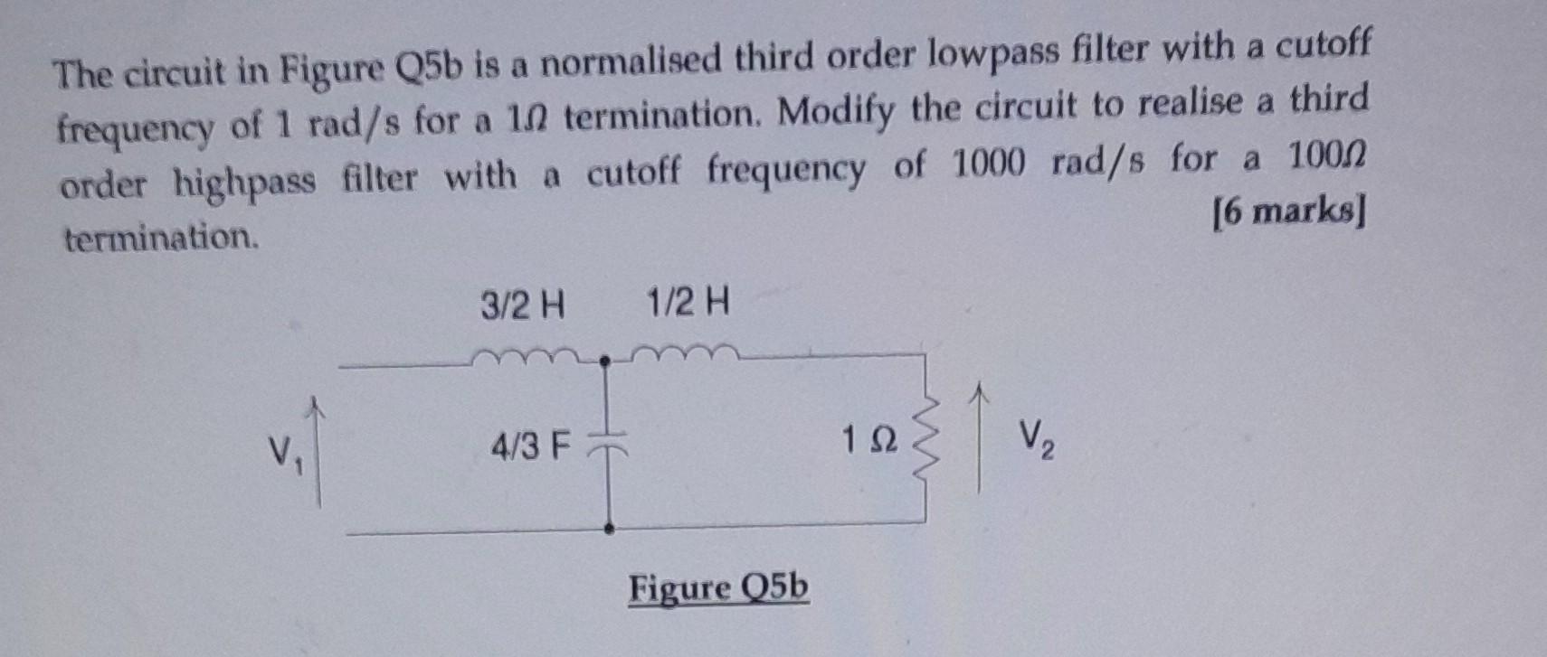 Solved The circuit in Figure Q5b is a normalised third order | Chegg.com