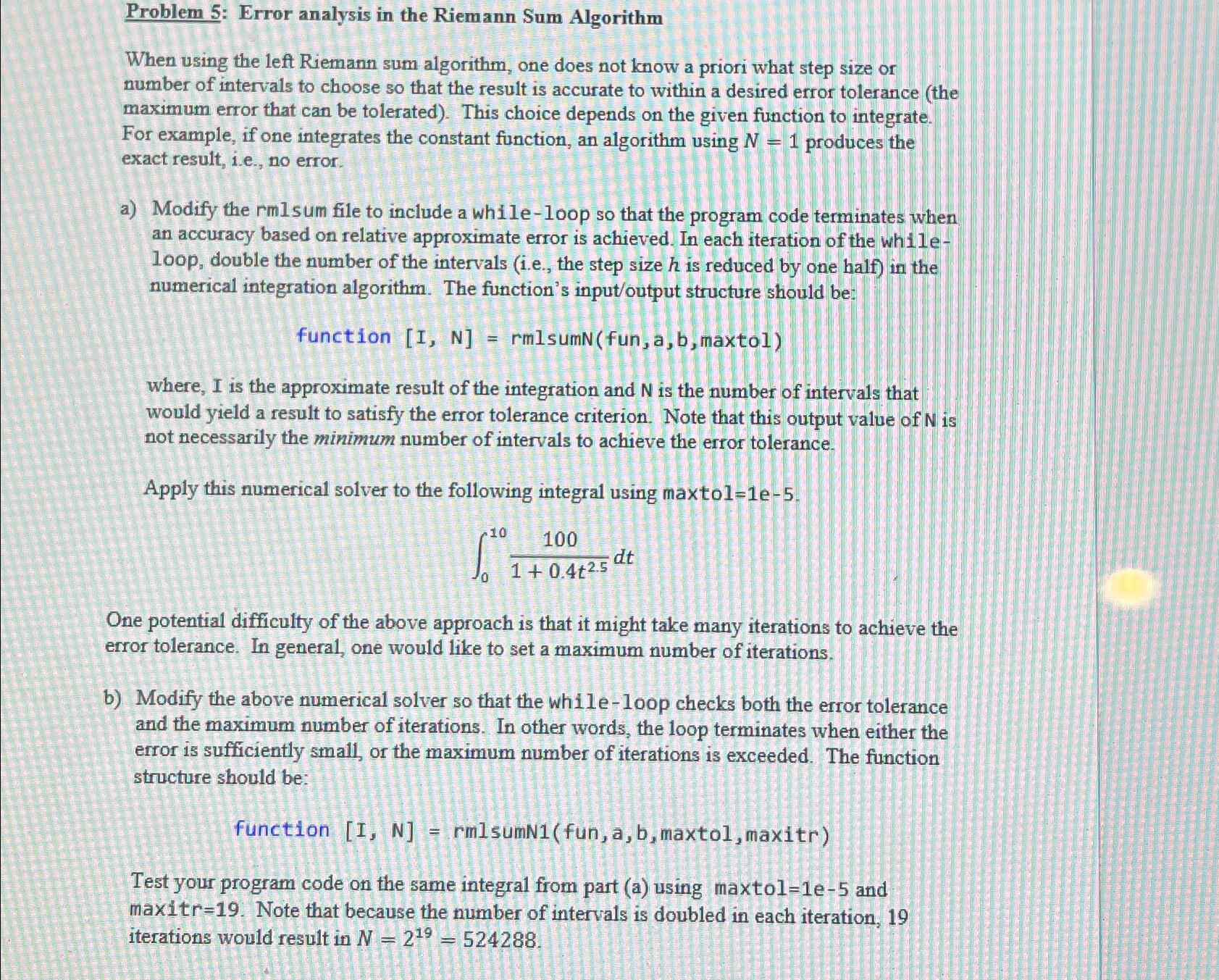 Solved Problem 5: Error analysis in the Riemann Sum | Chegg.com