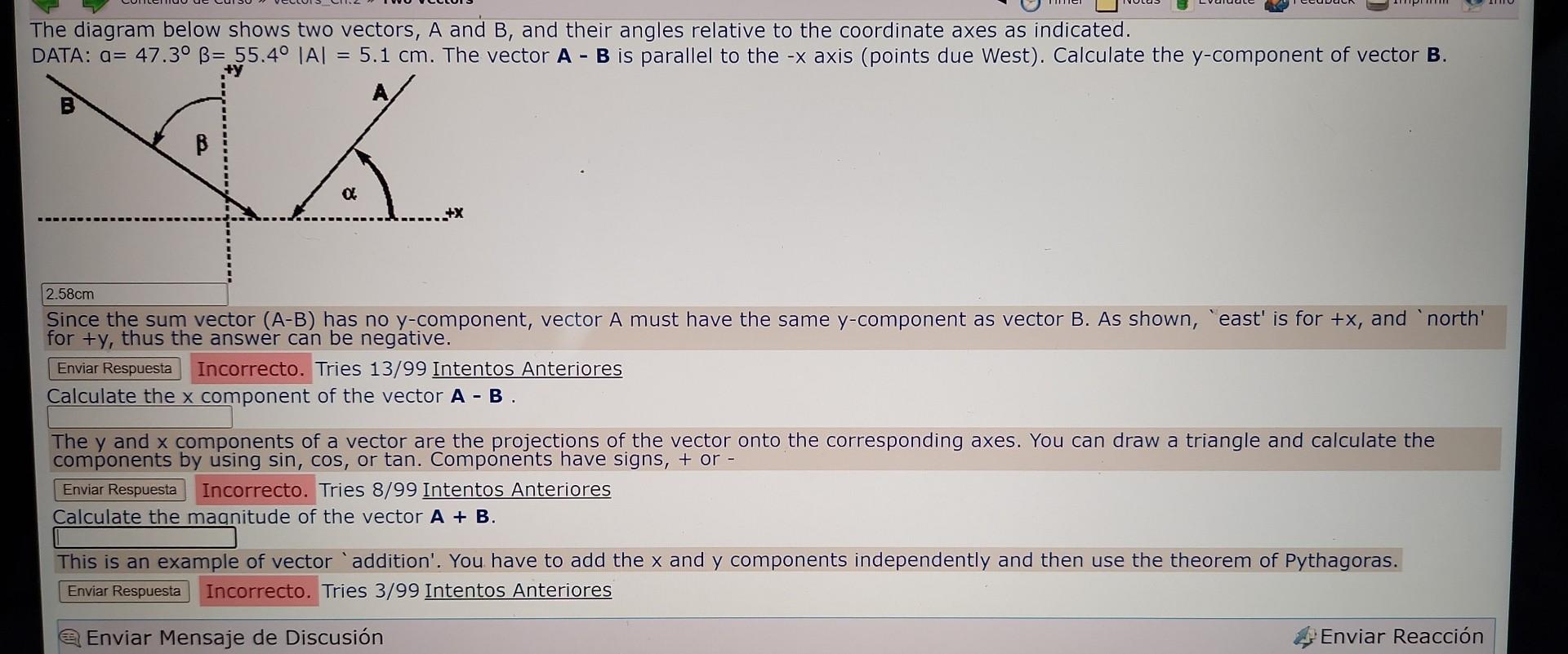 Solved Since the sum vector (A−B) has no y-component, vector | Chegg.com