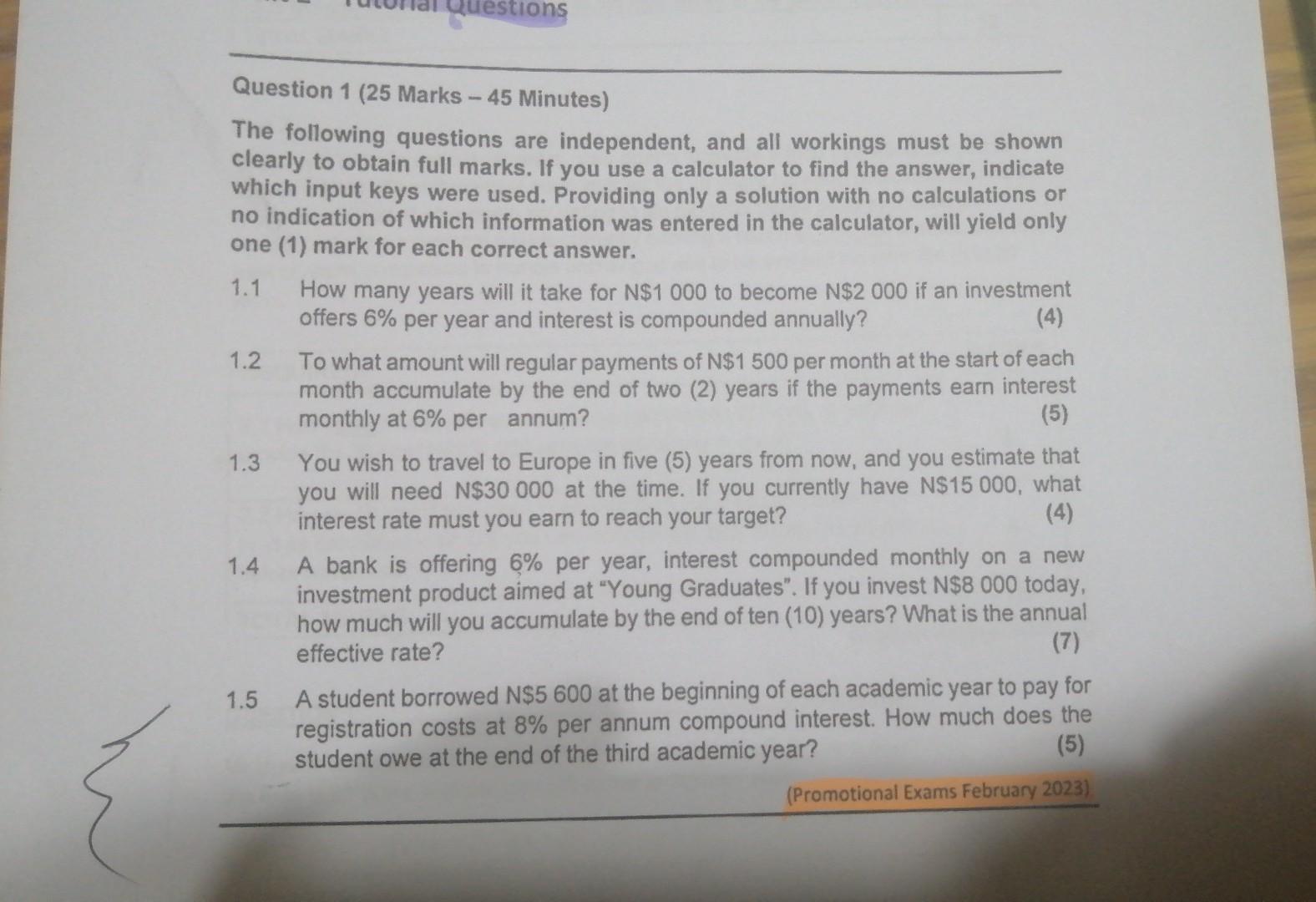 Solved Question 1 (25 Marks - 45 Minutes) The following | Chegg.com