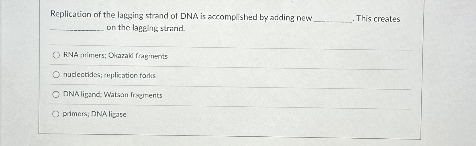 Solved Replication of the lagging strand of DNA is | Chegg.com