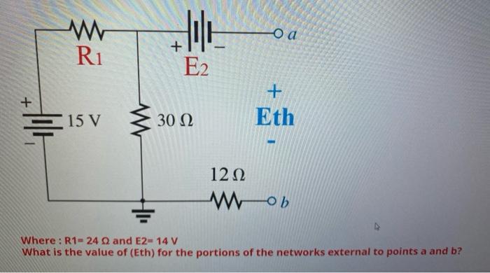 Solved Where: R1=24Ω and E2=14 V What is the value of (Eth) | Chegg.com