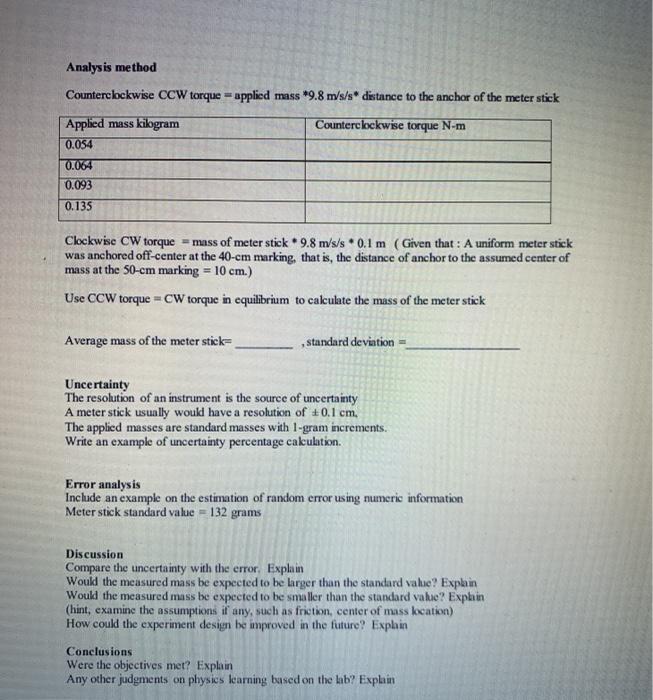 Solved Procedure An applied mass to balance a meter-stick | Chegg.com