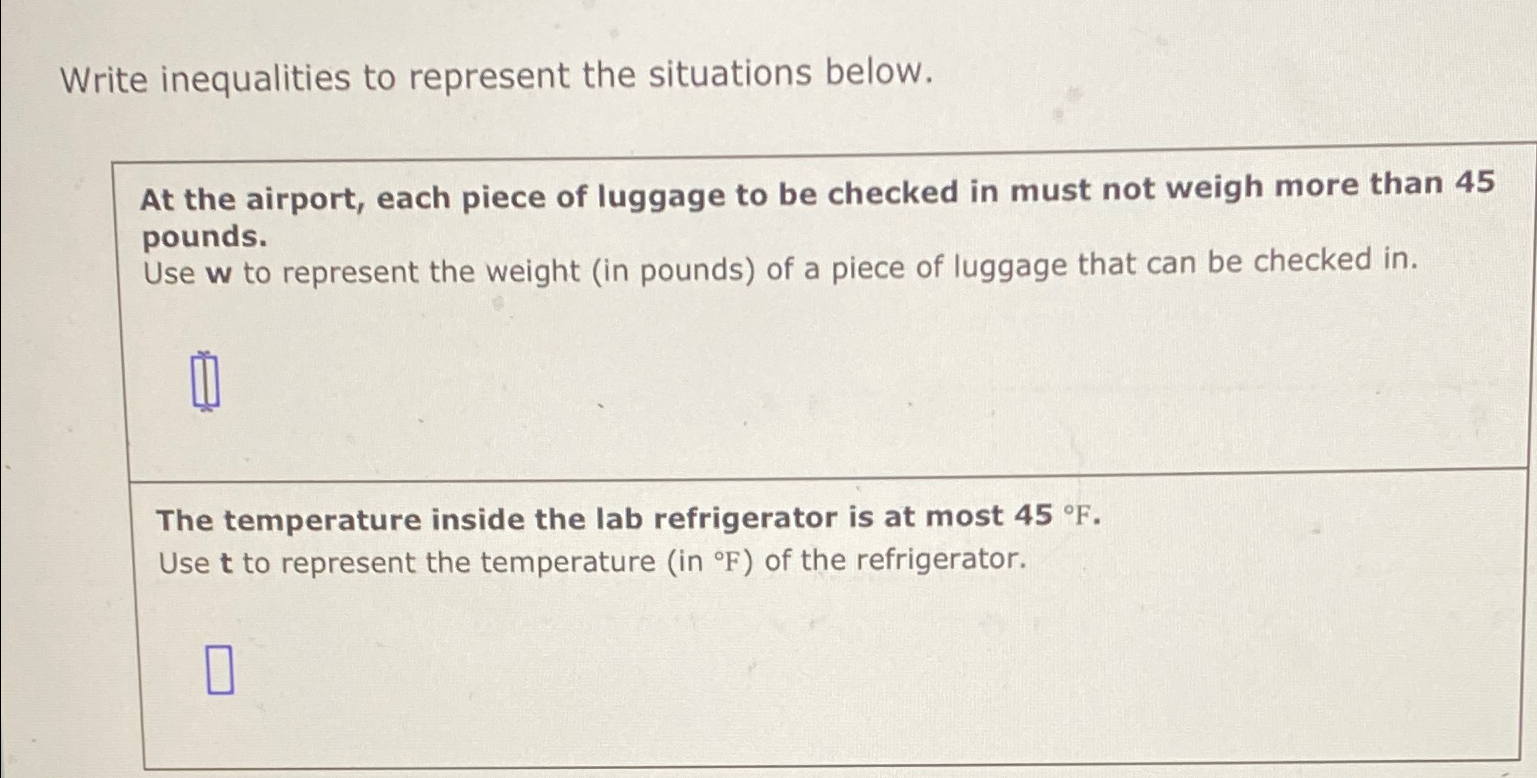Solved Write inequalities to represent the situations | Chegg.com