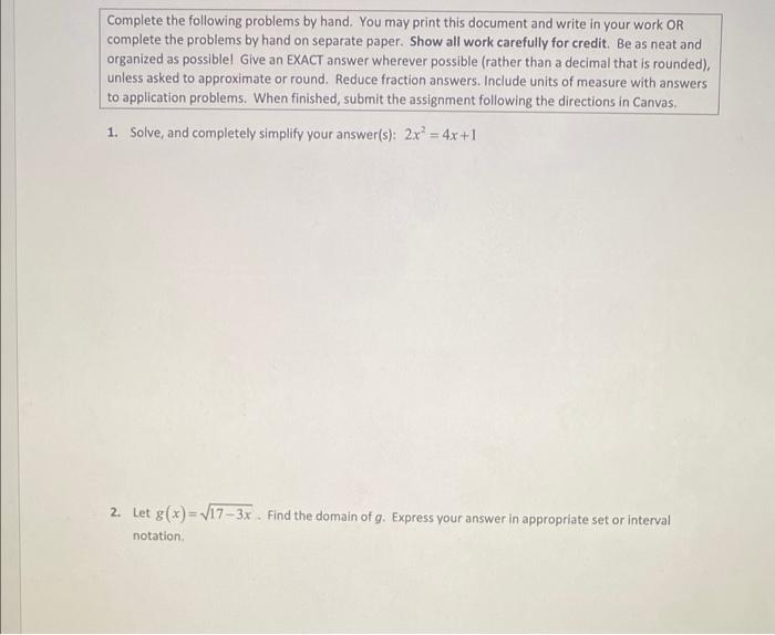 Solved Complete the following problems by hand. You may | Chegg.com