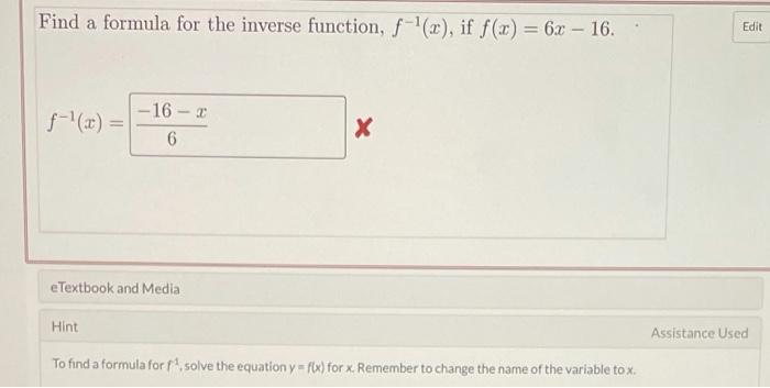 Solved Find a formula for the inverse function, f-'(x), if | Chegg.com