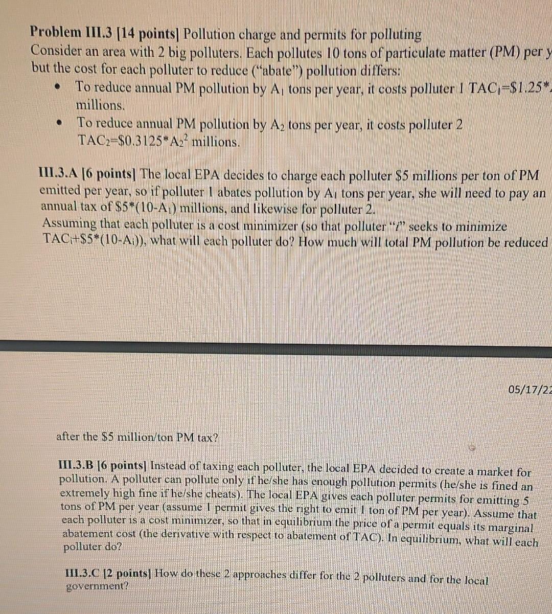 Solved Problem III.3 [14 points] Pollution charge and | Chegg.com