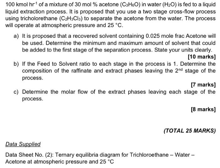 Solved 100kmolhr−1 of a mixture of 30 mol% acetone (C3H6O) | Chegg.com