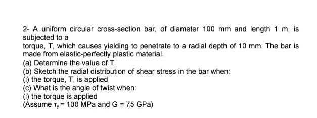Solved 2- A uniform circular cross-section bar, of diameter | Chegg.com