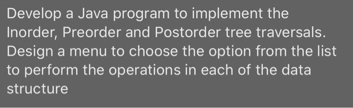 Solved Develop a Java program to implement the Inorder, | Chegg.com