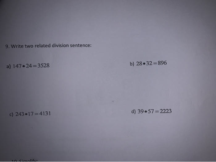 Solved 9. Write two related division sentence: a) 147 • 24 = | Chegg.com
